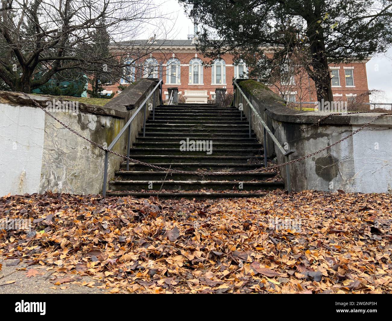 A staircase of a school adorned with autumn foliage in Peekskill, New ...