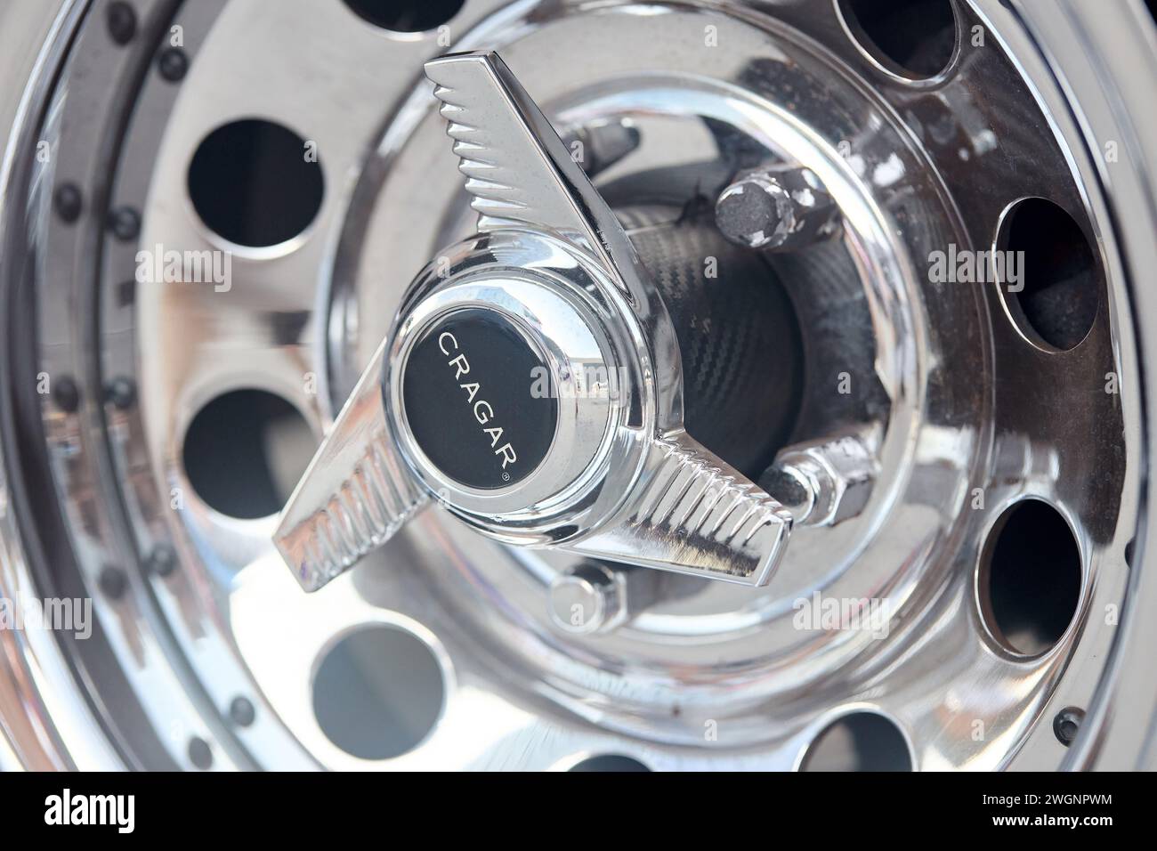 Berlin, Germany - August 20, 2022: Muscle car detail closeup nickel ...