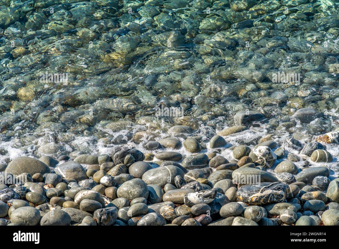 Sunny waterside scenery showing a shore with lots of pebbles seen in ...