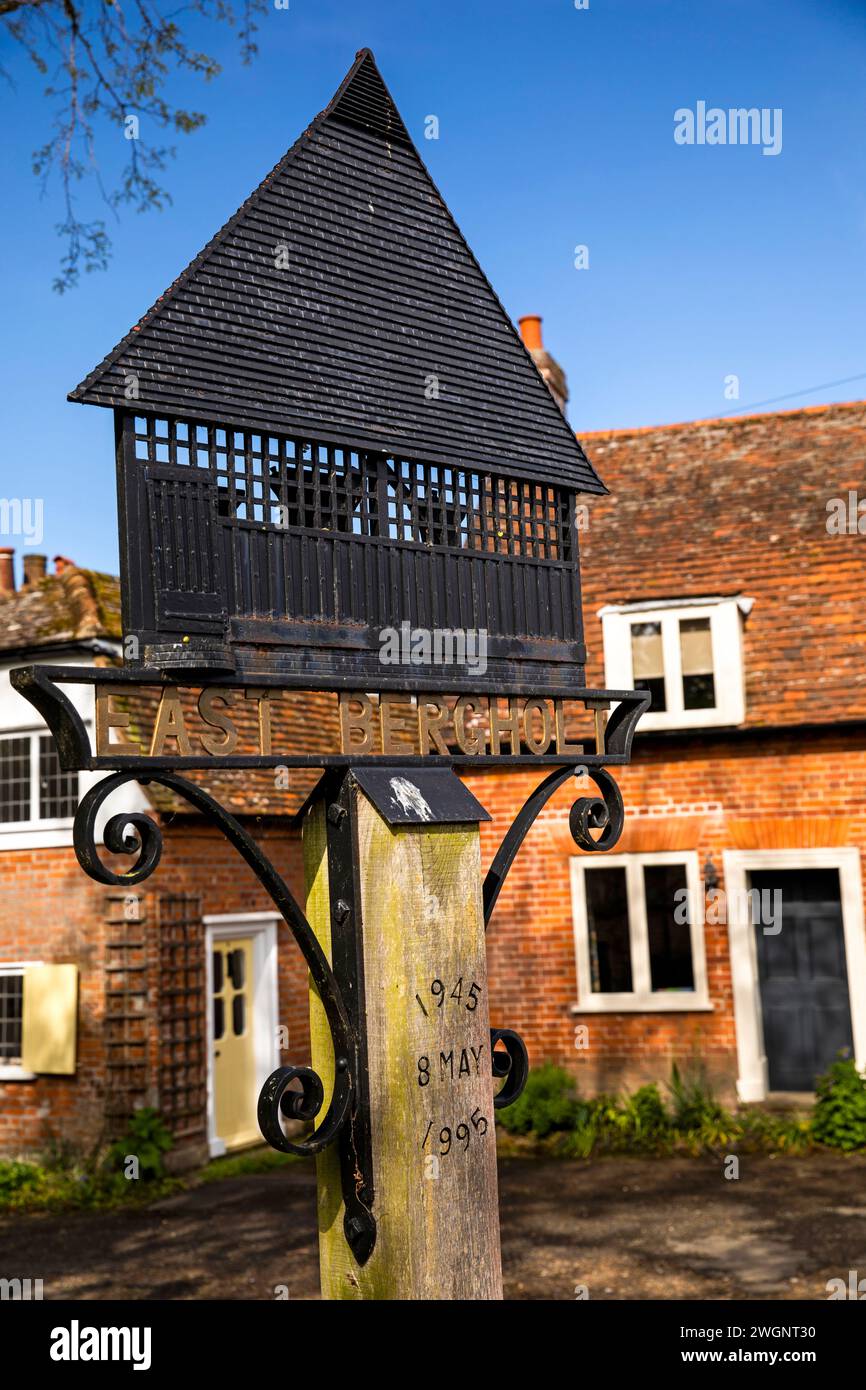 UK, England, Suffolk, East Bergholt, The Street, village sign Stock ...