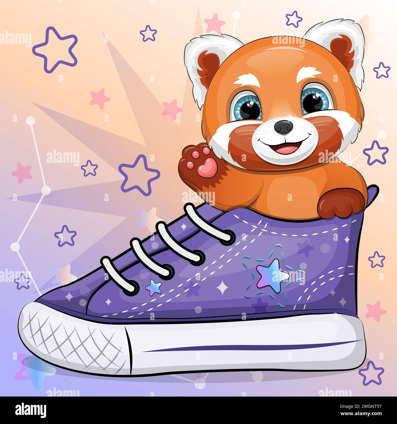 A cute cartoon red panda with a sneaker. Vector illustration of an ...