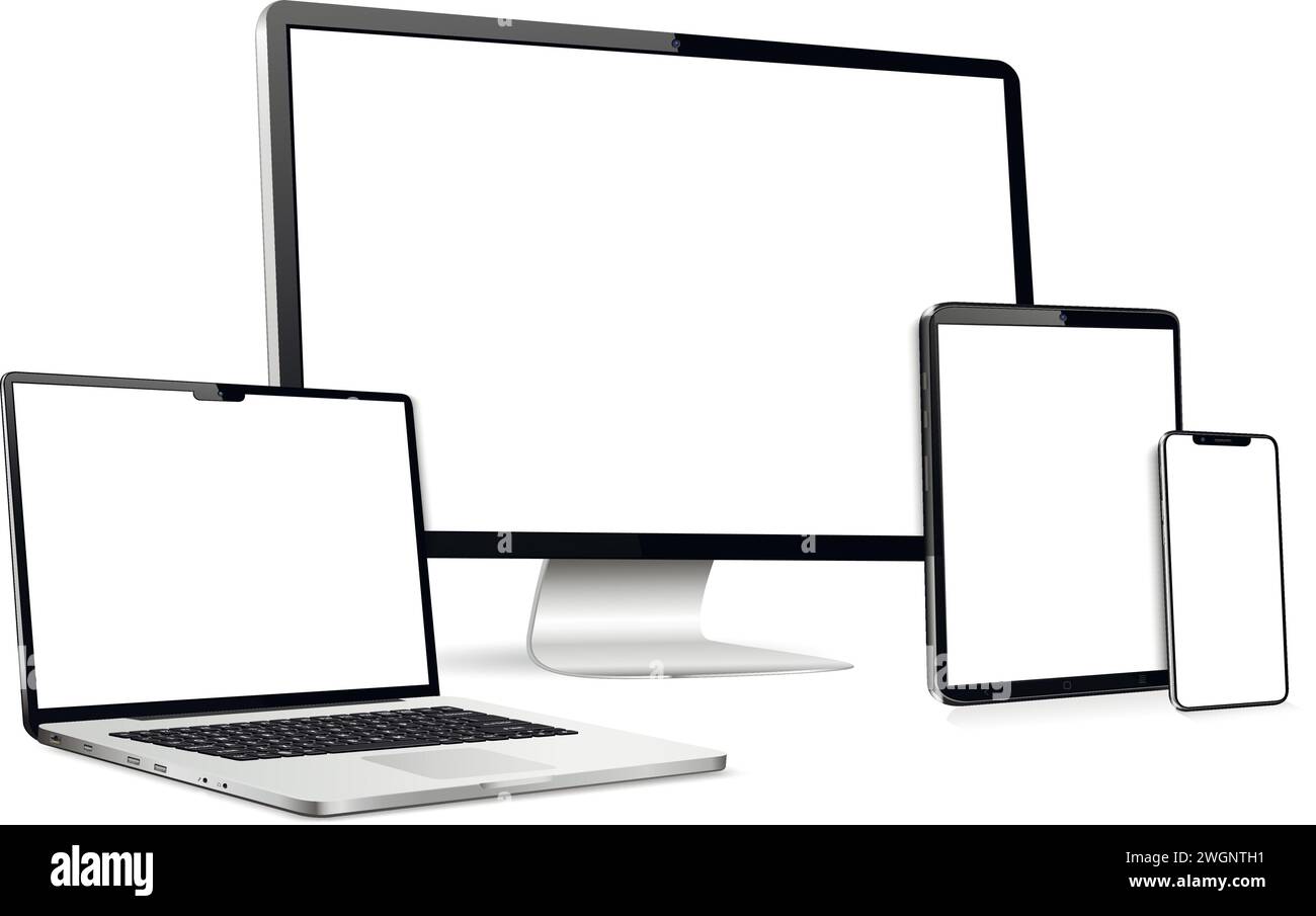 Realistic monitor computer, laptop, tablet, smartphone. Flat lay ...