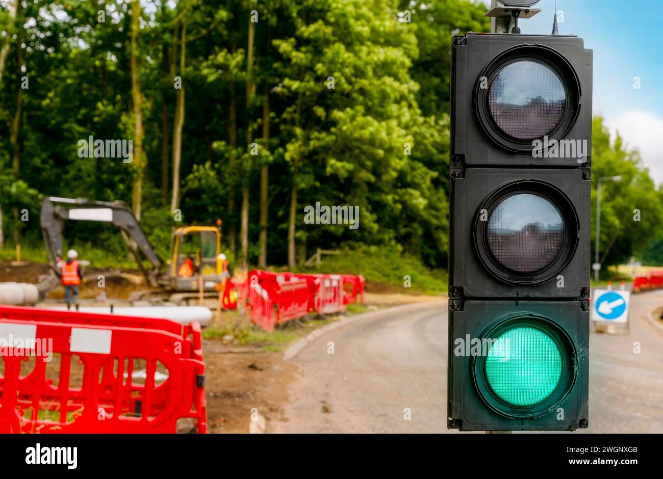 Close-up of the temporary portable traffic light installed to manage ...