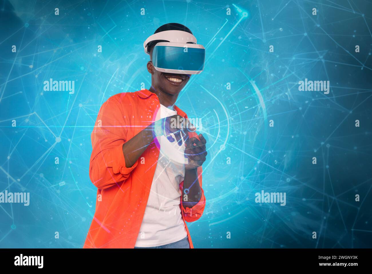 Strong African American female in modern VR headset fighting and boxing ...