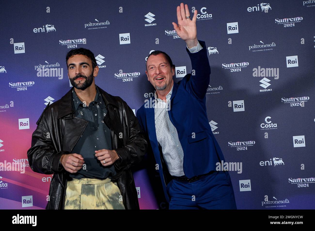 Amadeus and Marco Mengoni (singer, 2023 edition winner) attends a ...