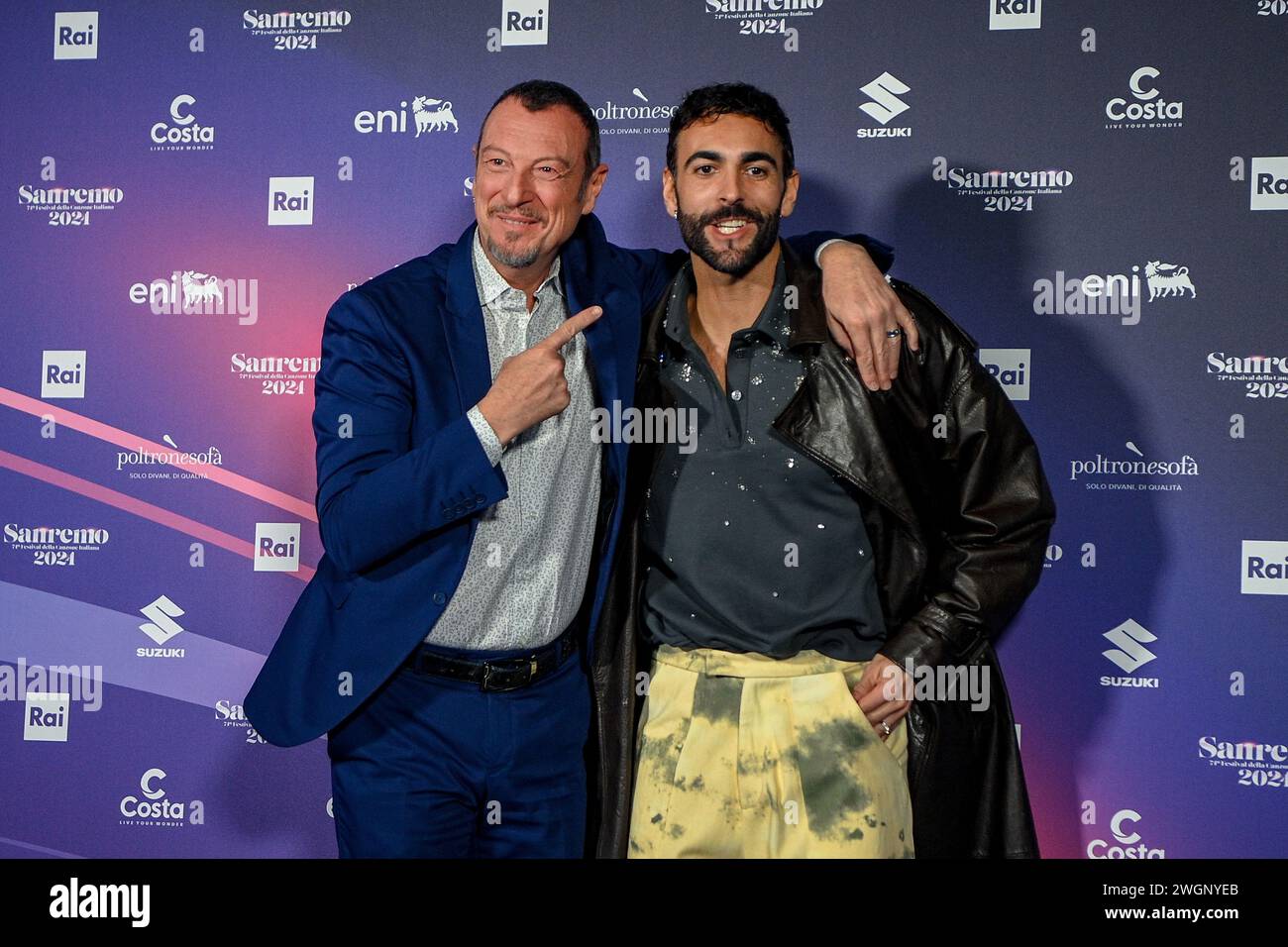 Amadeus and Marco Mengoni (singer, 2023 edition winner) attends a ...