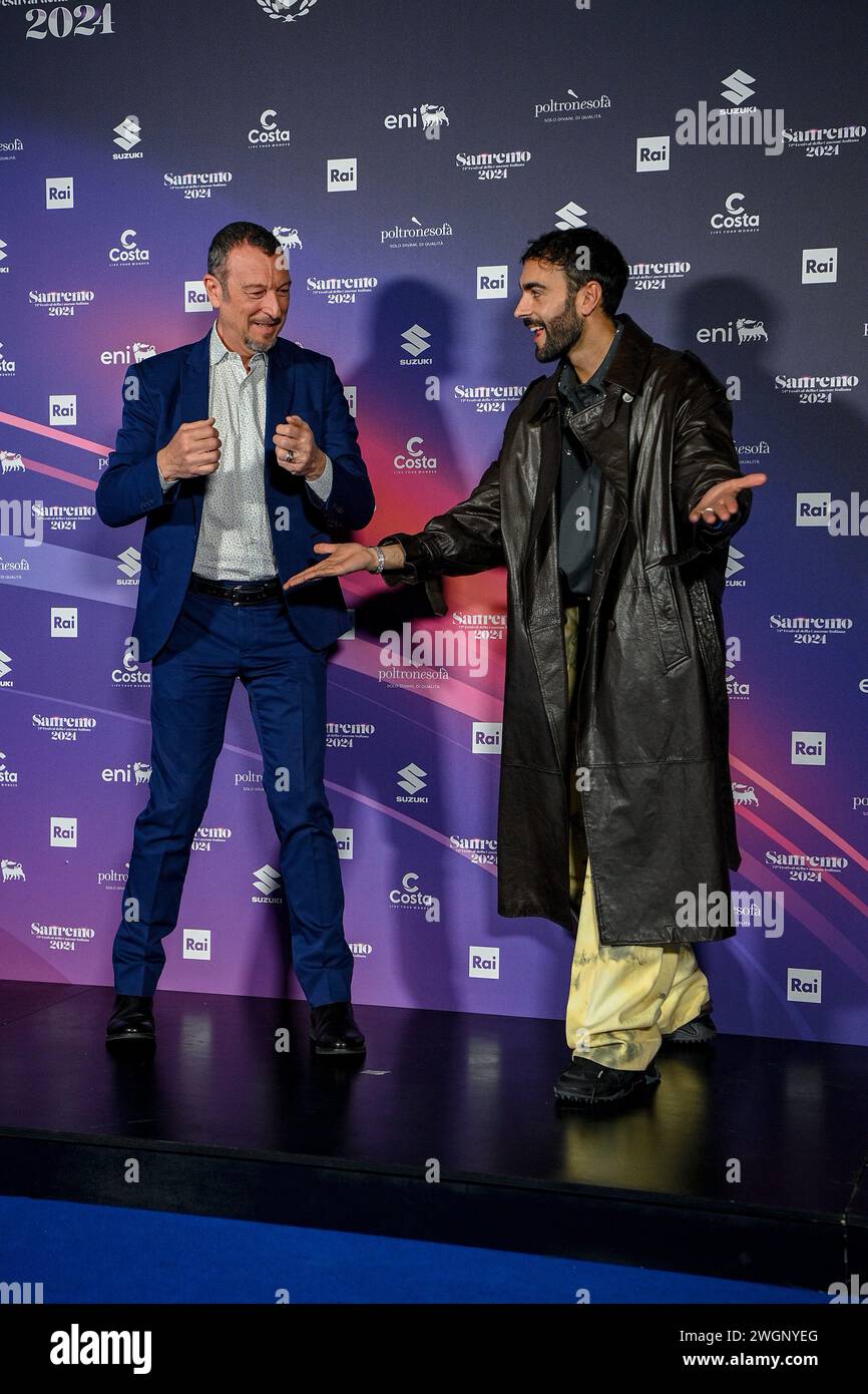 Amadeus and Marco Mengoni (singer, 2023 edition winner) attends a ...