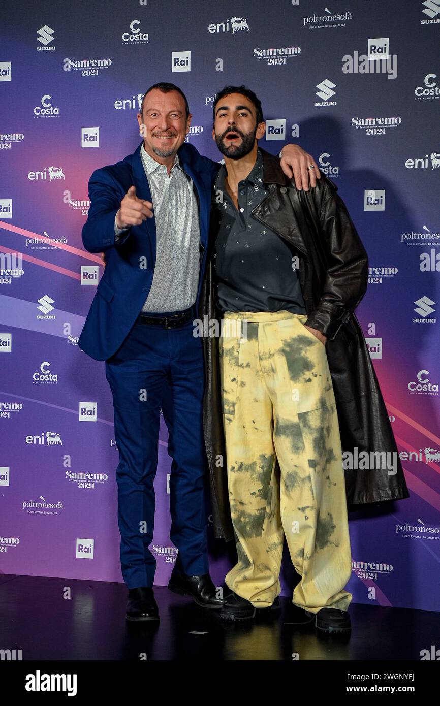Amadeus and Marco Mengoni (singer, 2023 edition winner) attends a ...