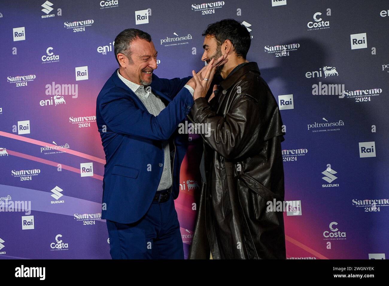 Amadeus and Marco Mengoni (singer, 2023 edition winner) attends a ...