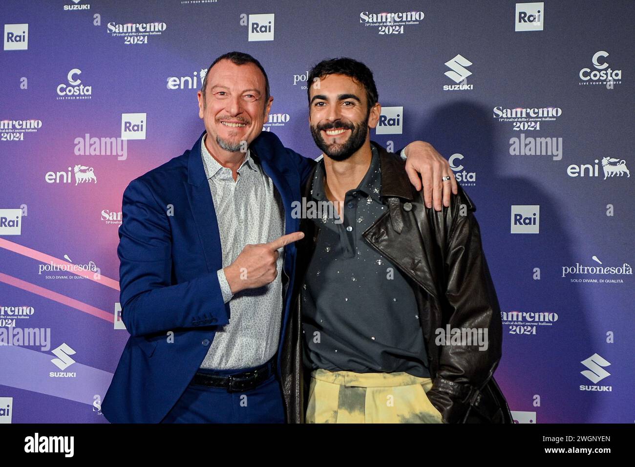 Amadeus and Marco Mengoni (singer, 2023 edition winner) attends a ...