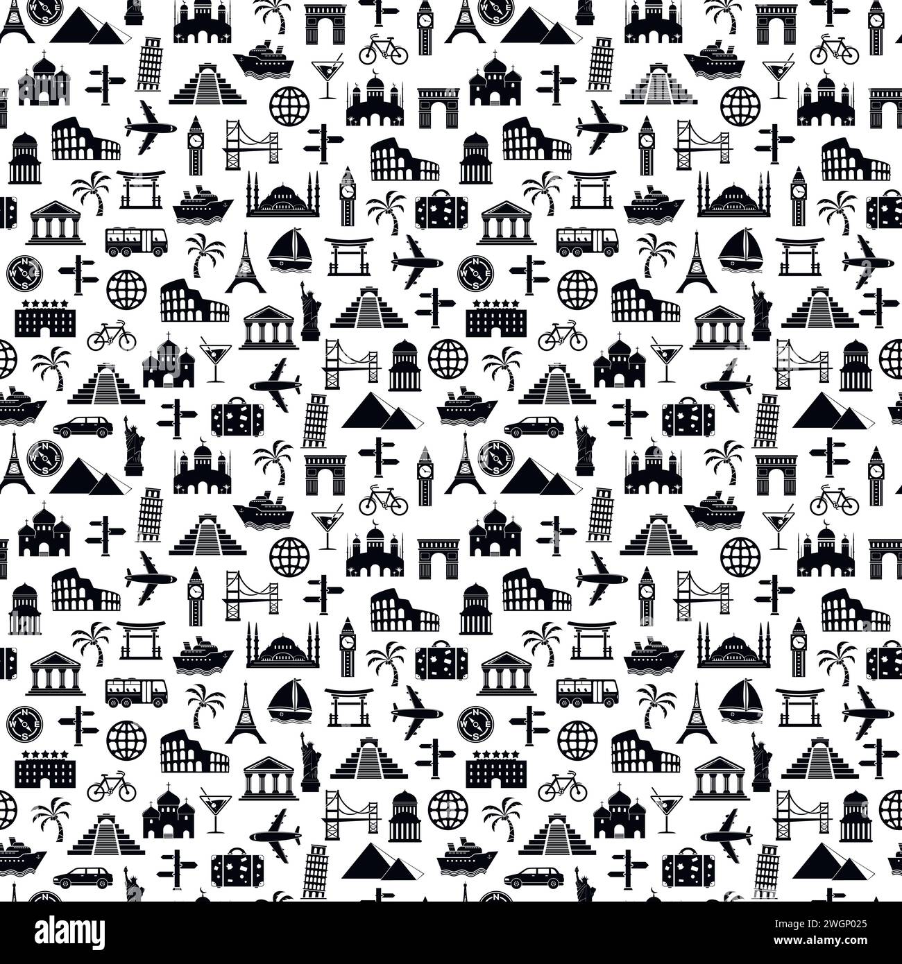 Seamless pattern with travel famous places abstract silhouettes Stock ...