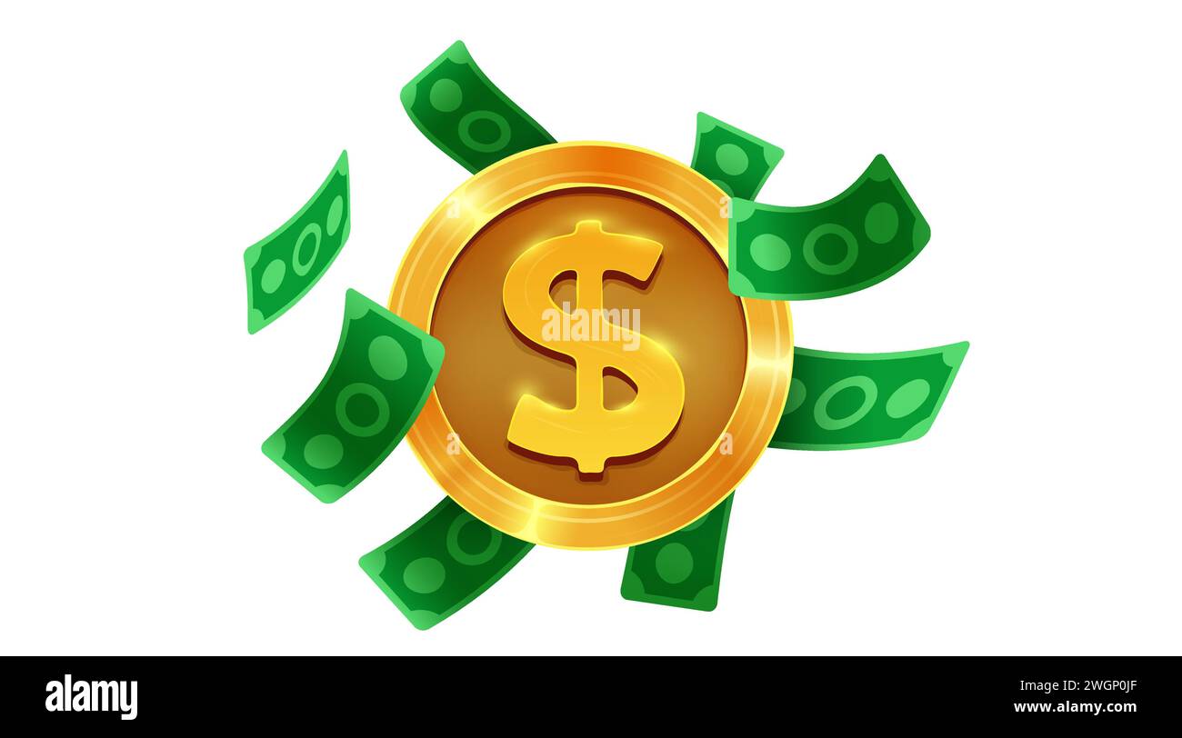 Golden coin and flying banknotes. Money rain. Jackpot or success ...