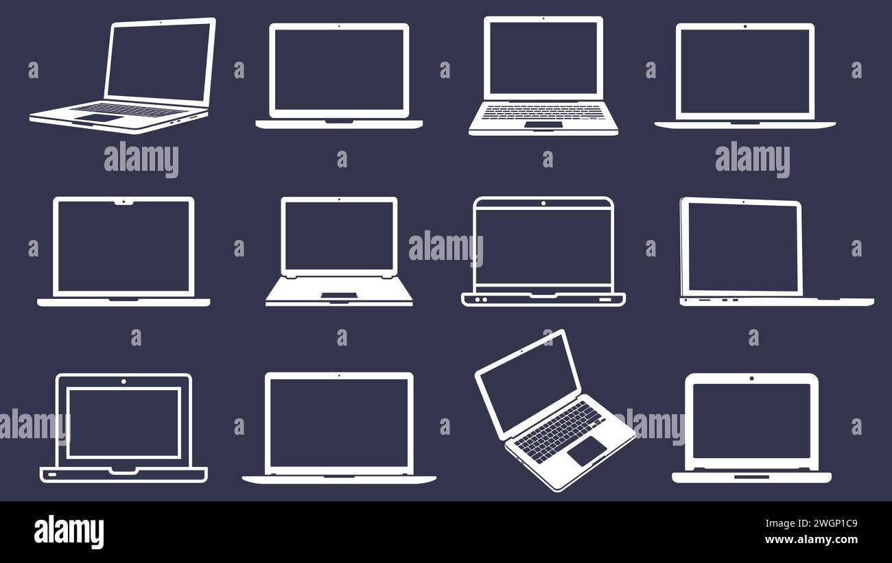 Laptop icons set. Notebook flat and line icons. Laptops silhouettes ...