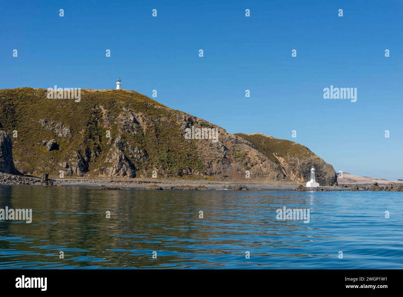 A scenic view of lighthouses at Pencarrow Head in Wellington Harbour ...
