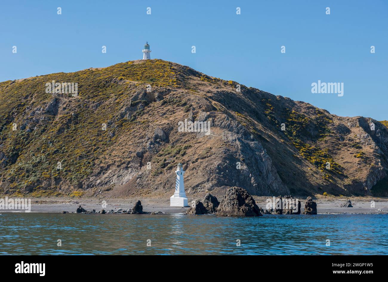 A scenic view of lighthouses at Pencarrow Head in Wellington Harbour ...