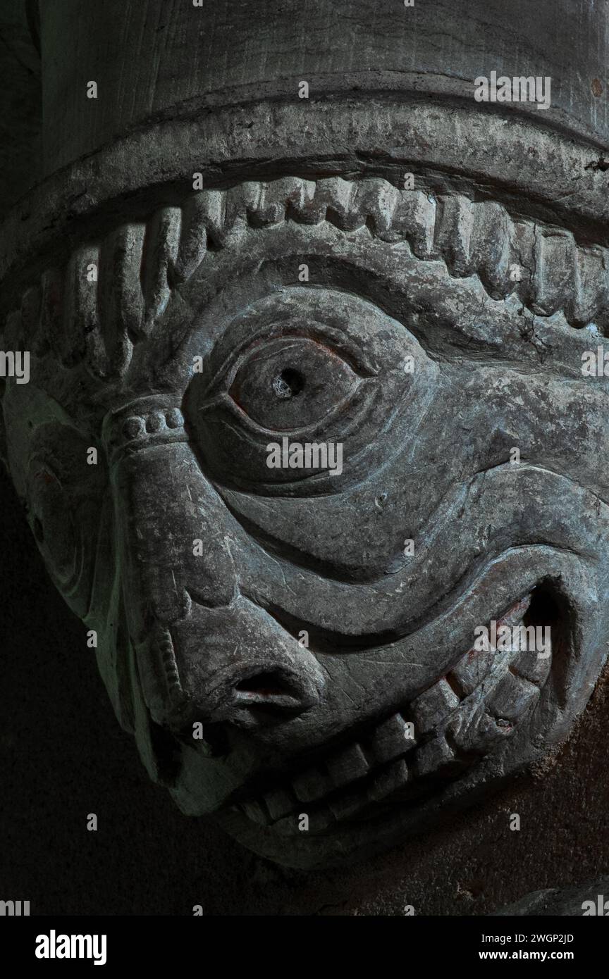 Sinister smile, sculpted in the 1100s. Grotesque face in Church of St ...