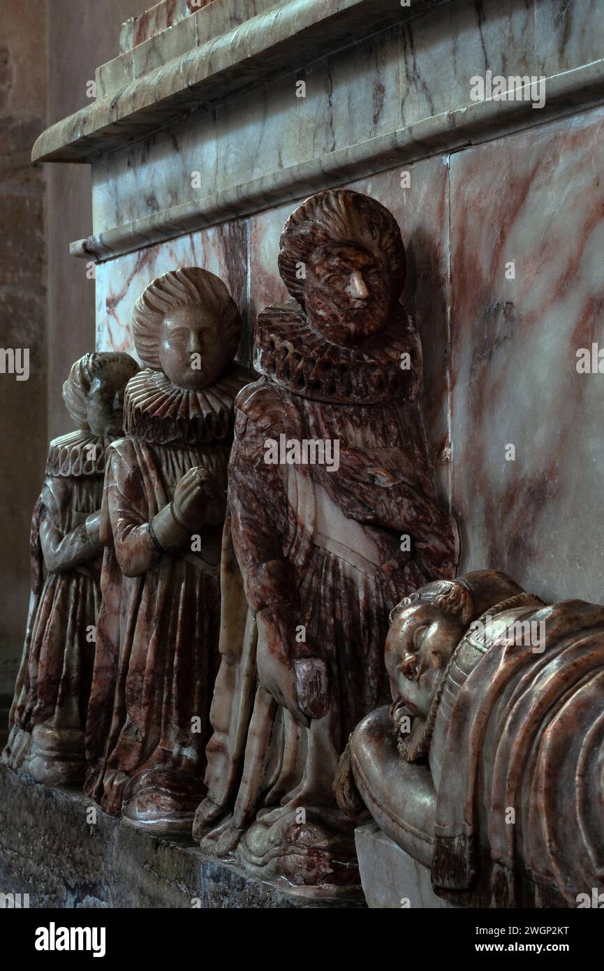 Three kneeling daughters face their sleeping baby brother. Jacobean ...