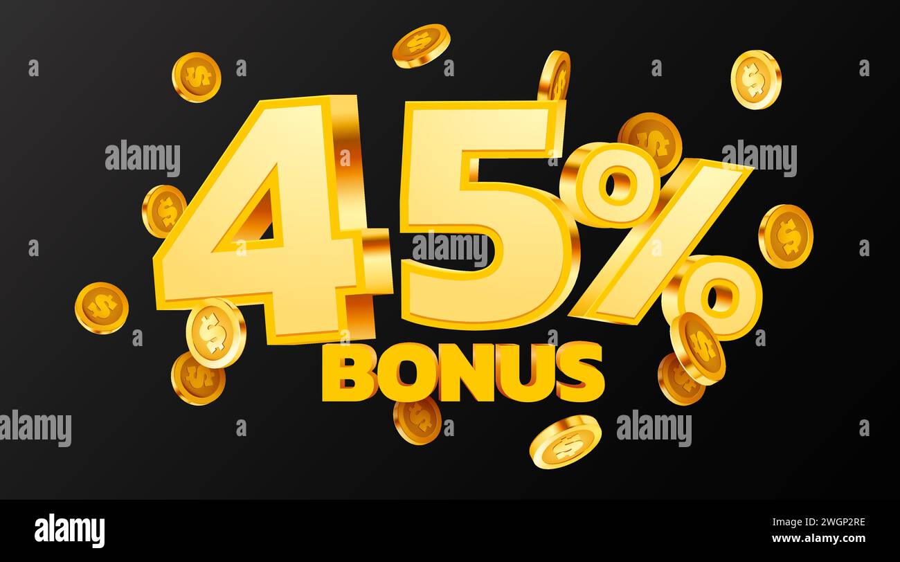 45 percents bonus. Falling golden coins. Cashback or prize concept ...