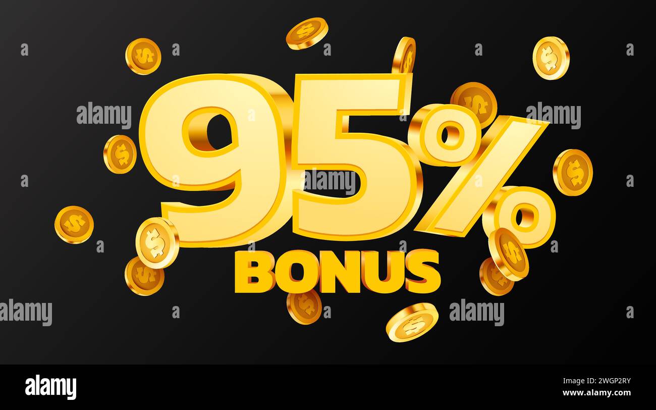 95 percents bonus. Falling golden coins. Cashback or prize concept ...