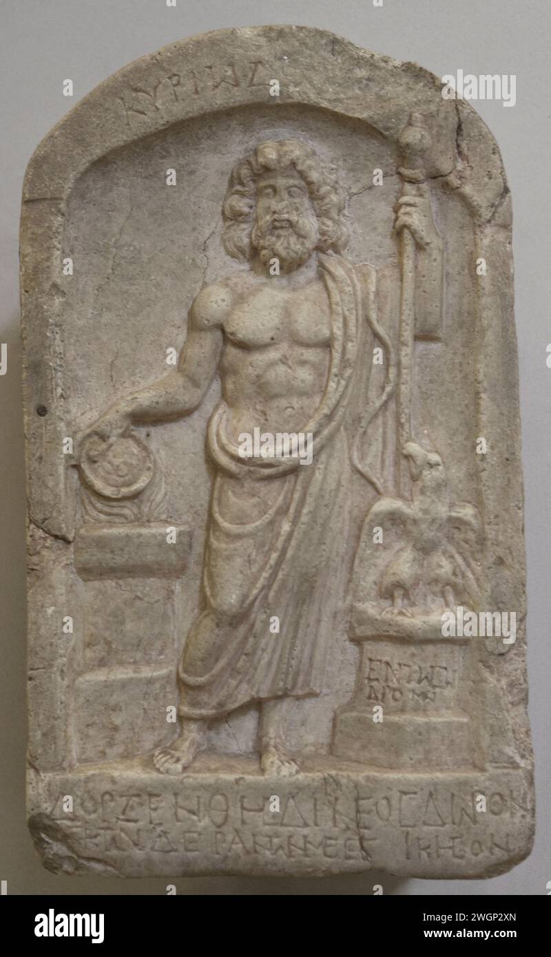 Zeus and an eagle. Marble votive tablet with dedication to Zeus: Helios ...