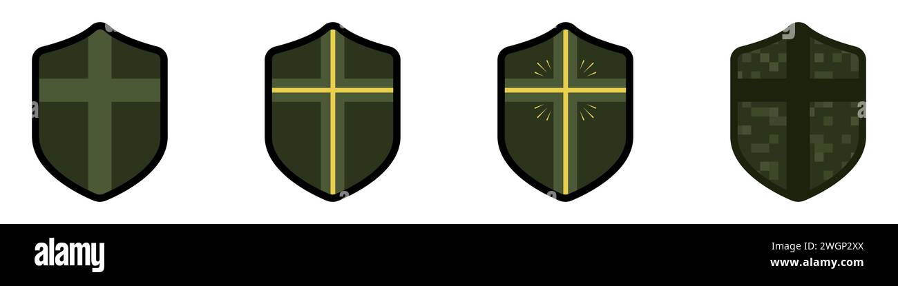 Shield with cross vector icon. Military shield patch pattern. Christian ...