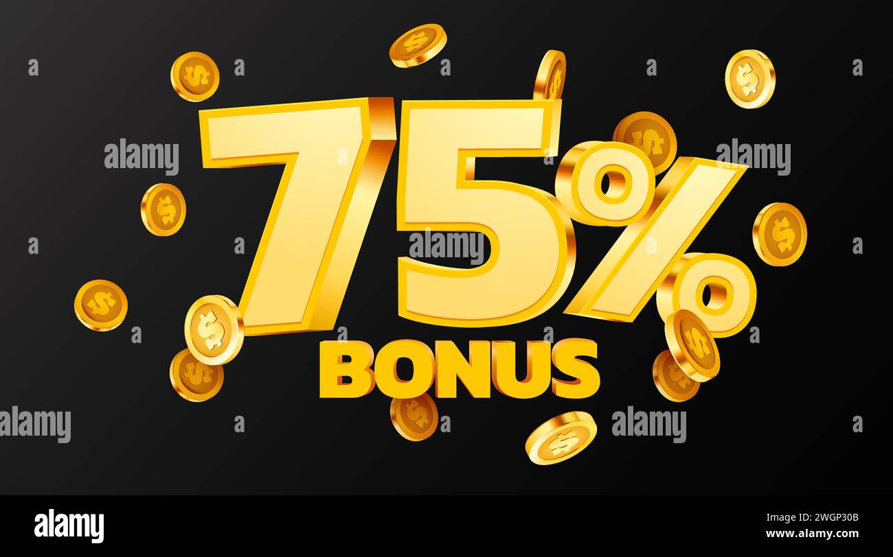 75 percents bonus. Falling golden coins. Cashback or prize concept ...