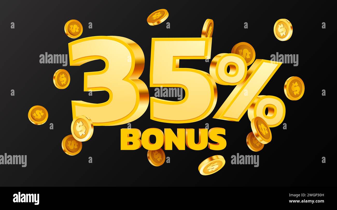 35 percents bonus. Falling golden coins. Cashback or prize concept ...
