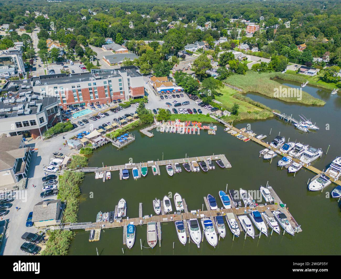 Aerial overhead view of the town of Riverhead New York located in ...