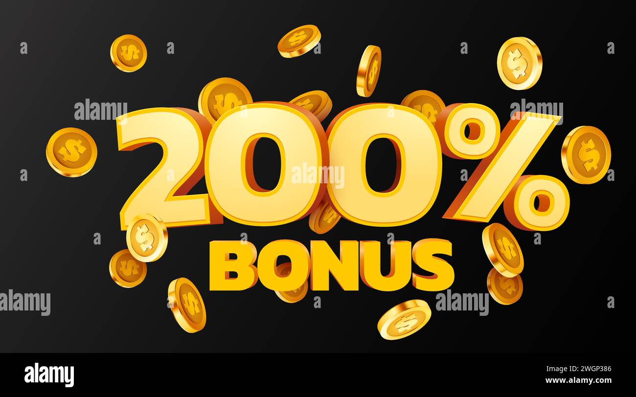 200 percents bonus. Falling golden coins. Cashback or prize concept ...