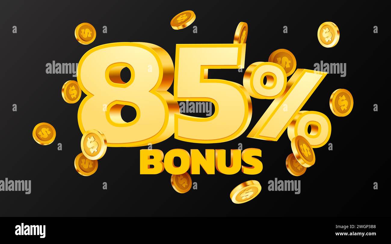 85 percents bonus. Falling golden coins. Cashback or prize concept ...