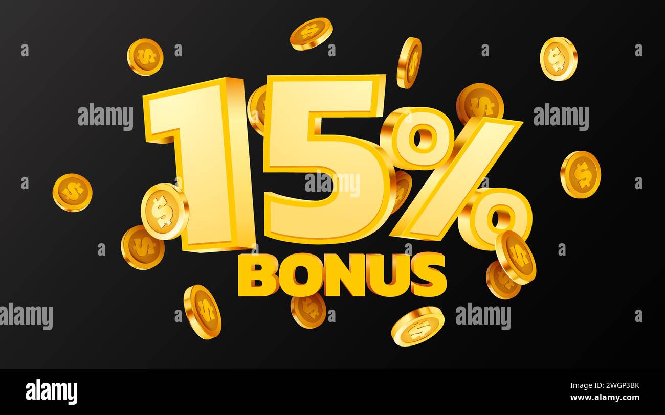 15 percents bonus. Falling golden coins. Cashback or prize concept ...