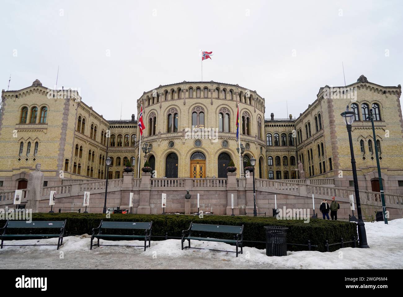 Oslo 20240206.The Sami and Norwegian flags are flown at the Storting in ...