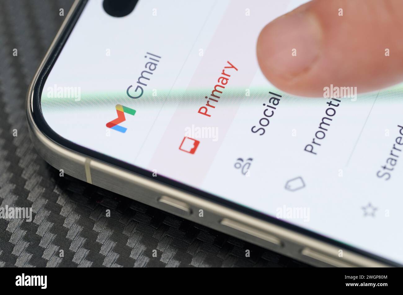 New York, USA - January 24, 2024: Checking gmail primary mail on iphone ...