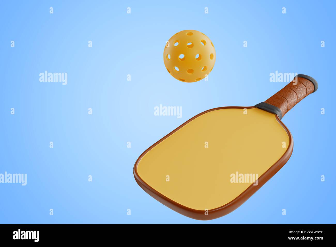 Pickleball racket with leather handle and sports ball. 3D rendering ...