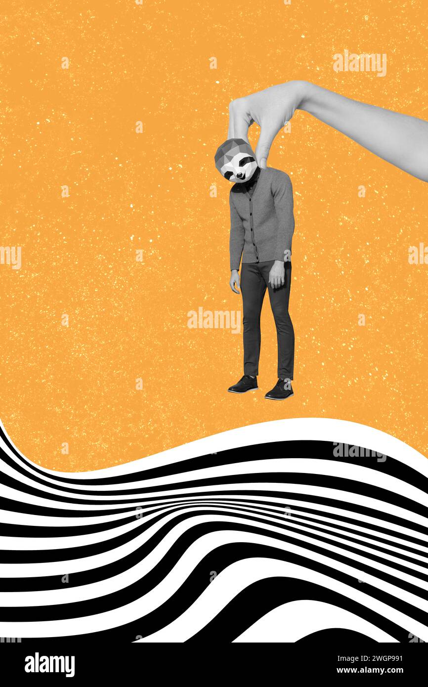 Vertical collage illustration poster monochrome effect hand hold ...