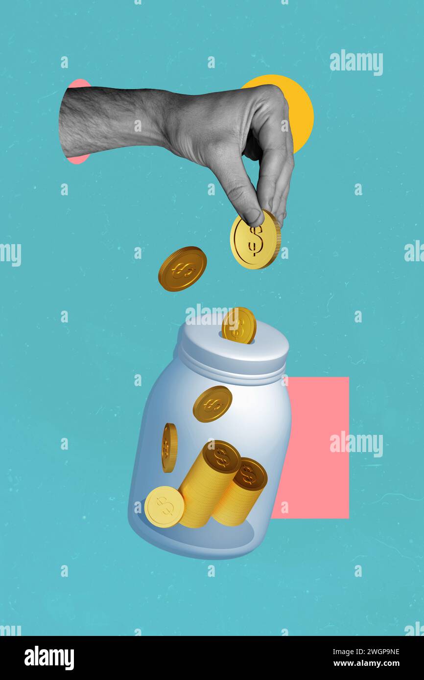 Creative trend collage of hand insert golden coins jar savings ...