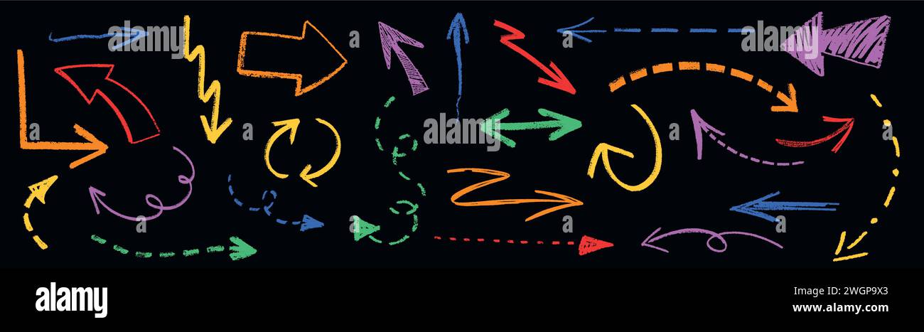 Colorful charcoal hand drawn arrows vector set on black background ...