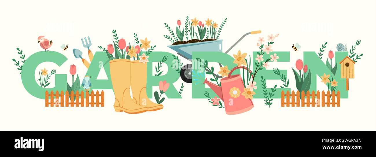 Gardening typography vector illustration. Garden title with plants ...