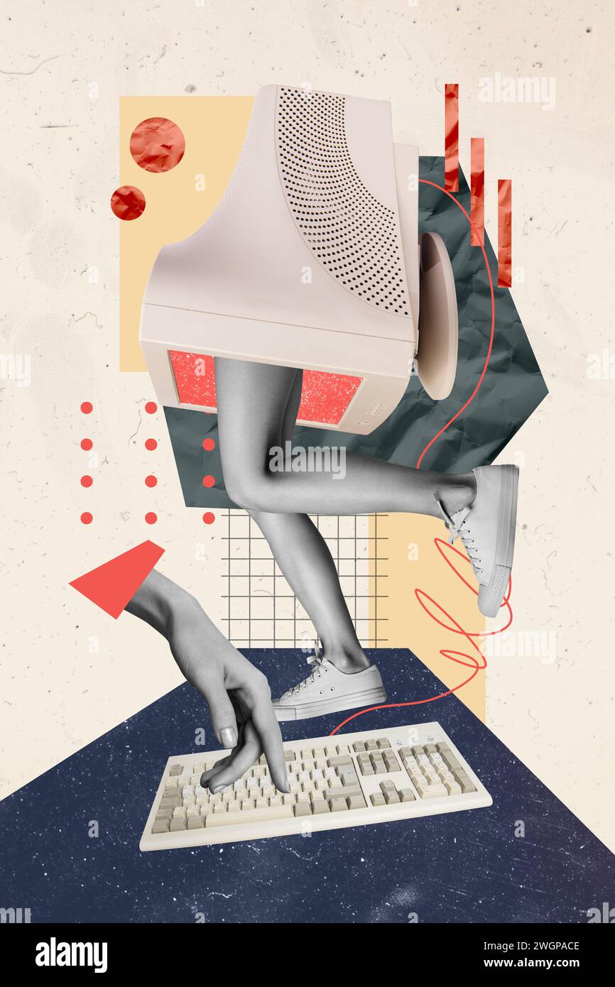 Collage retro sketch image of legs growing obsolete monitor walking ...