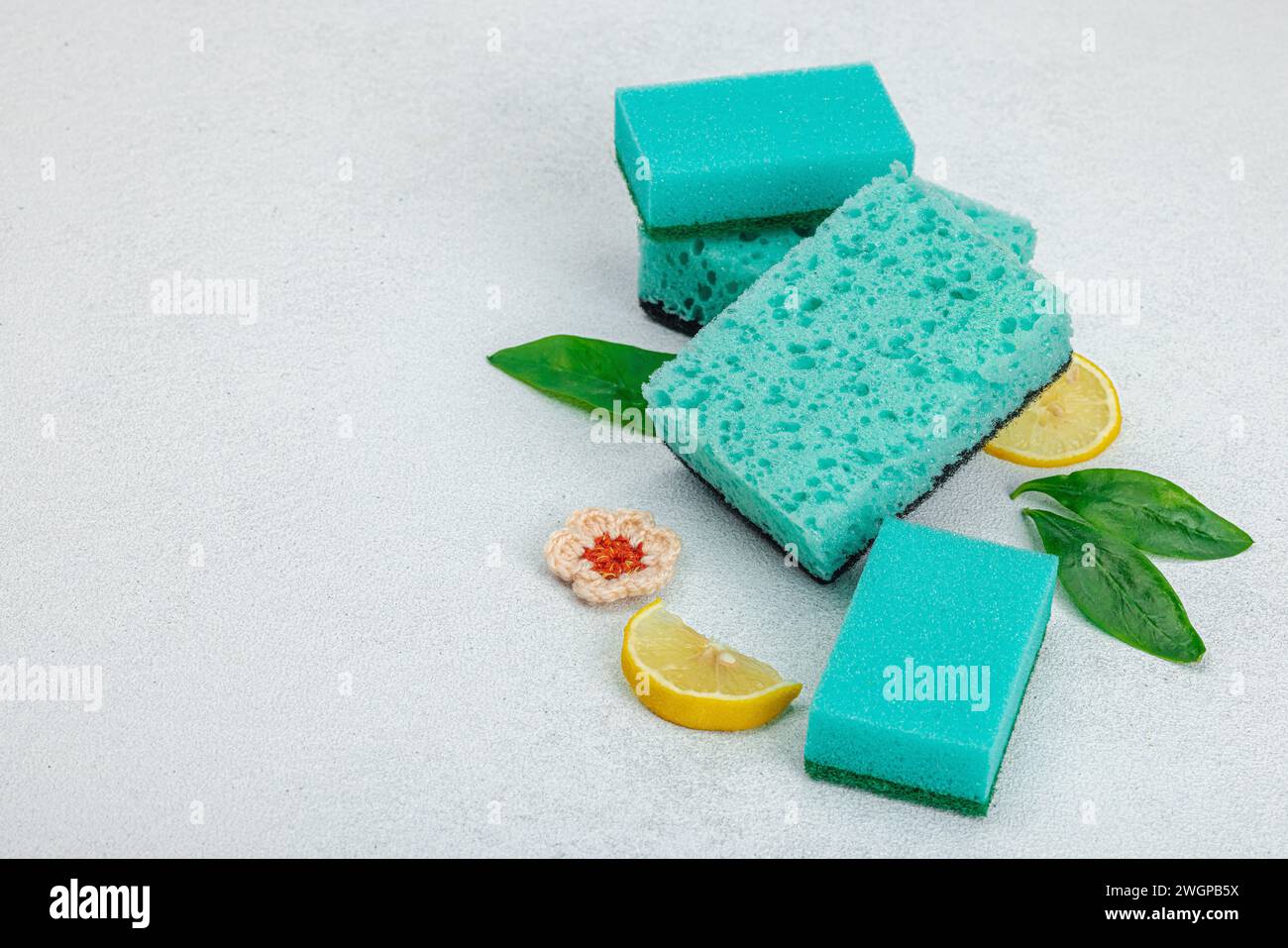 Various sponges for washing dishes. Organic cleaning concept, lemon ...