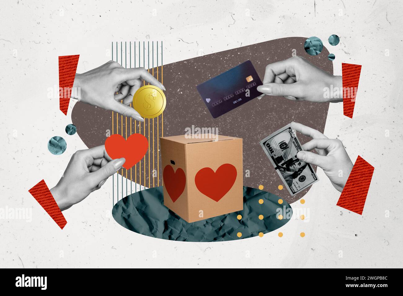 Conceptual collage photo of philanthropy support people giving money ...