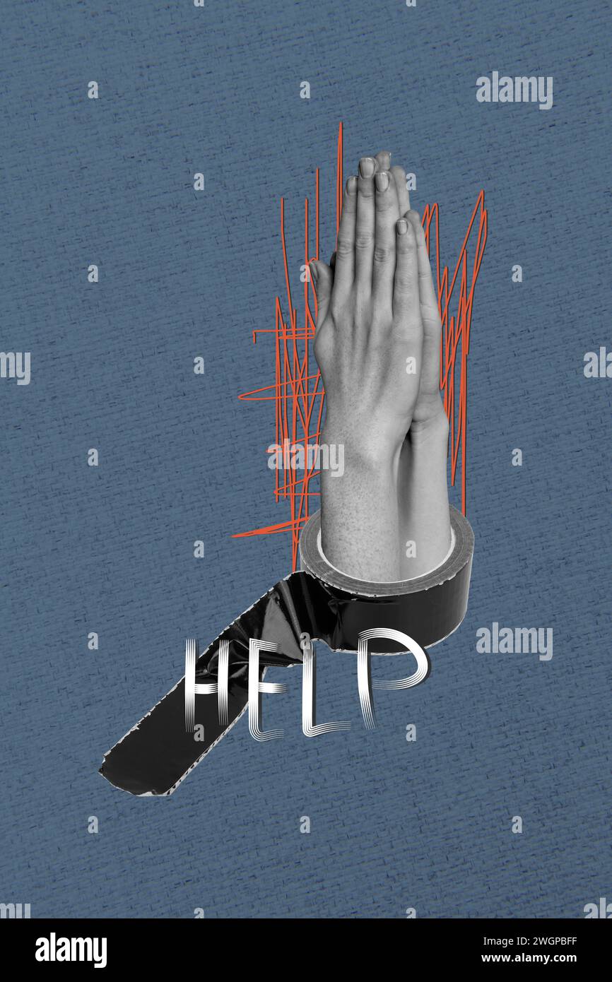 Composite collage image of pray gesture hands stop female violence ...