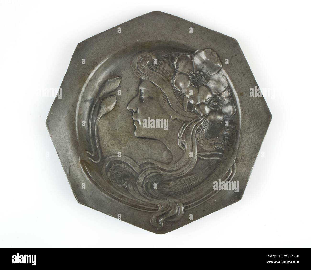 Antique 1900s WMF Mucha maiden Art Nouveau pewter card tray plate Stock ...