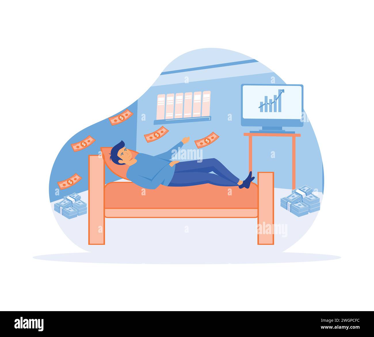 Passive income earning money while sleeping, man in bedroom, raining ...