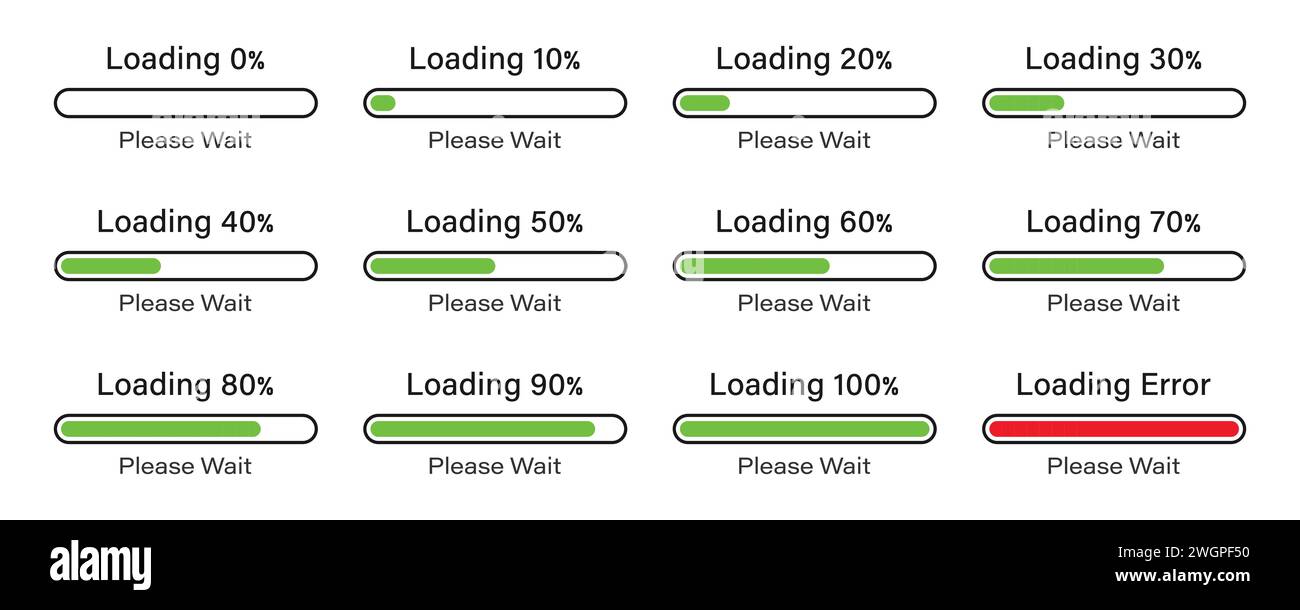 Loading please wait bar slider icon set 0-100% in green color ...