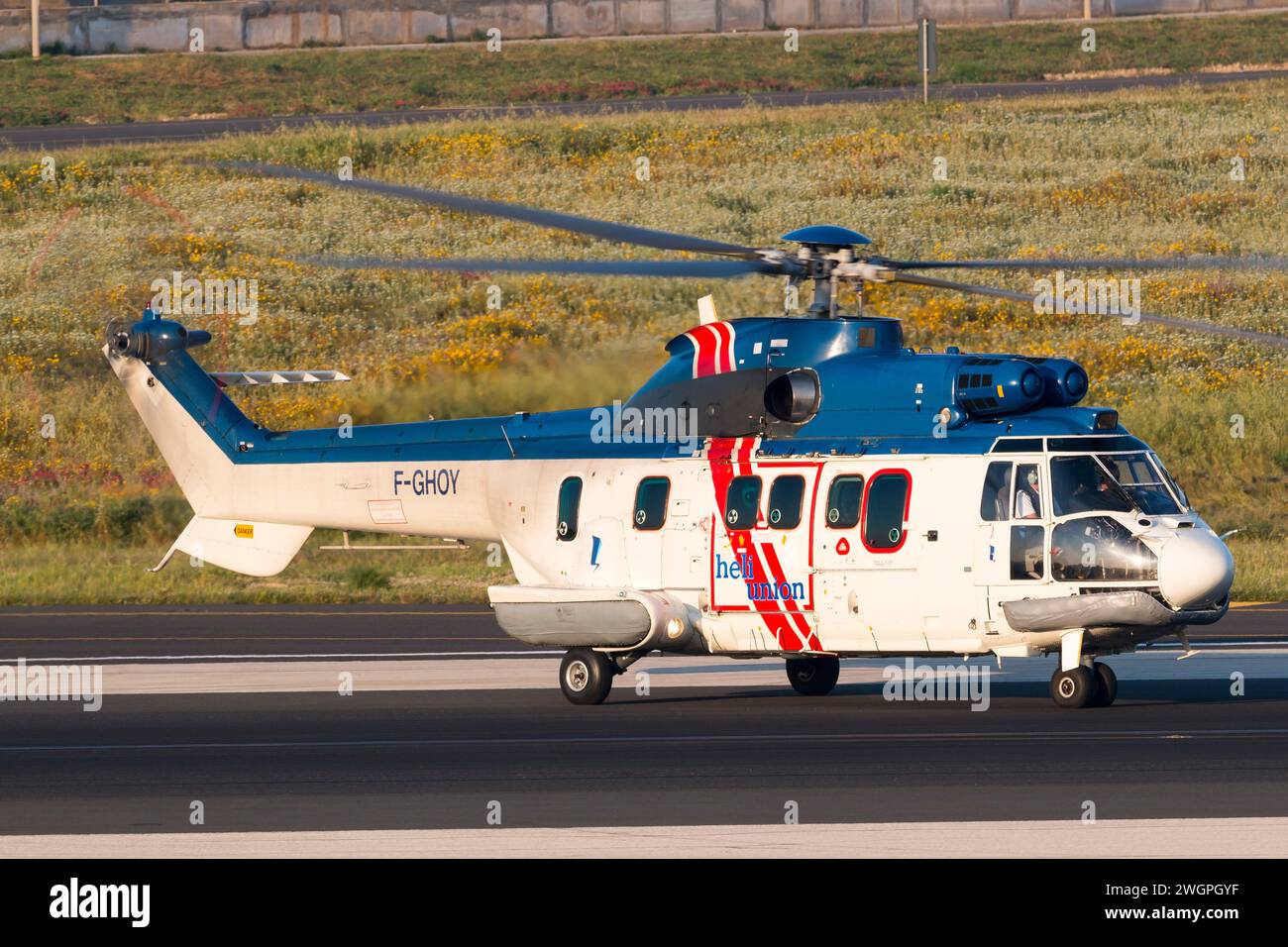 Heli-Union Eurocopter AS-332L1 Super Puma departing on a flight to an oil rig in the ...