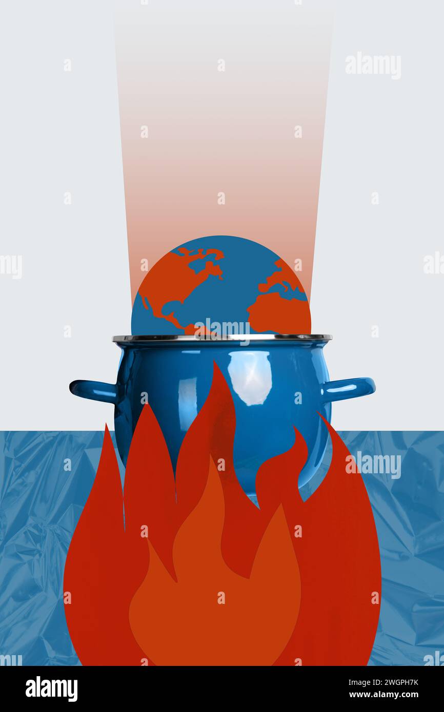Vertical creative collage picture boiled warm hot up burn planet change ...