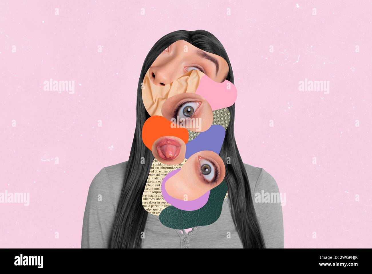 Creative absurd collage of funky woman with falling face parts stick ...