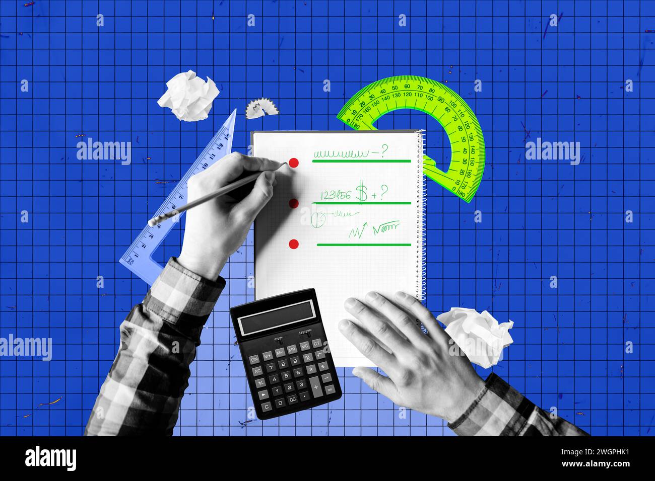 Creative poster collage of accountant man hands writing count savings ...