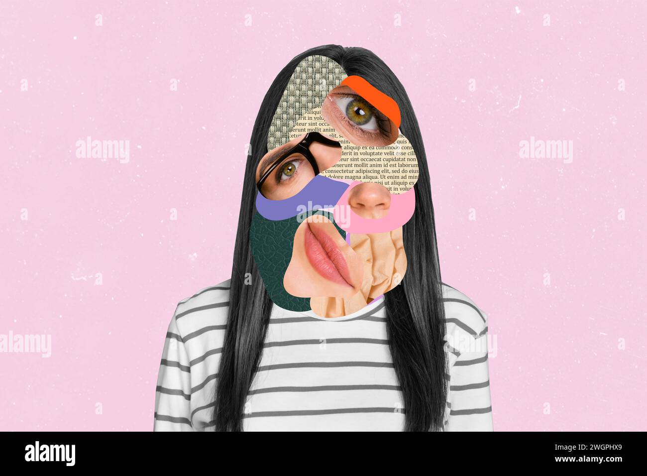 Creative strange collage of woman with melting falling face body parts ...